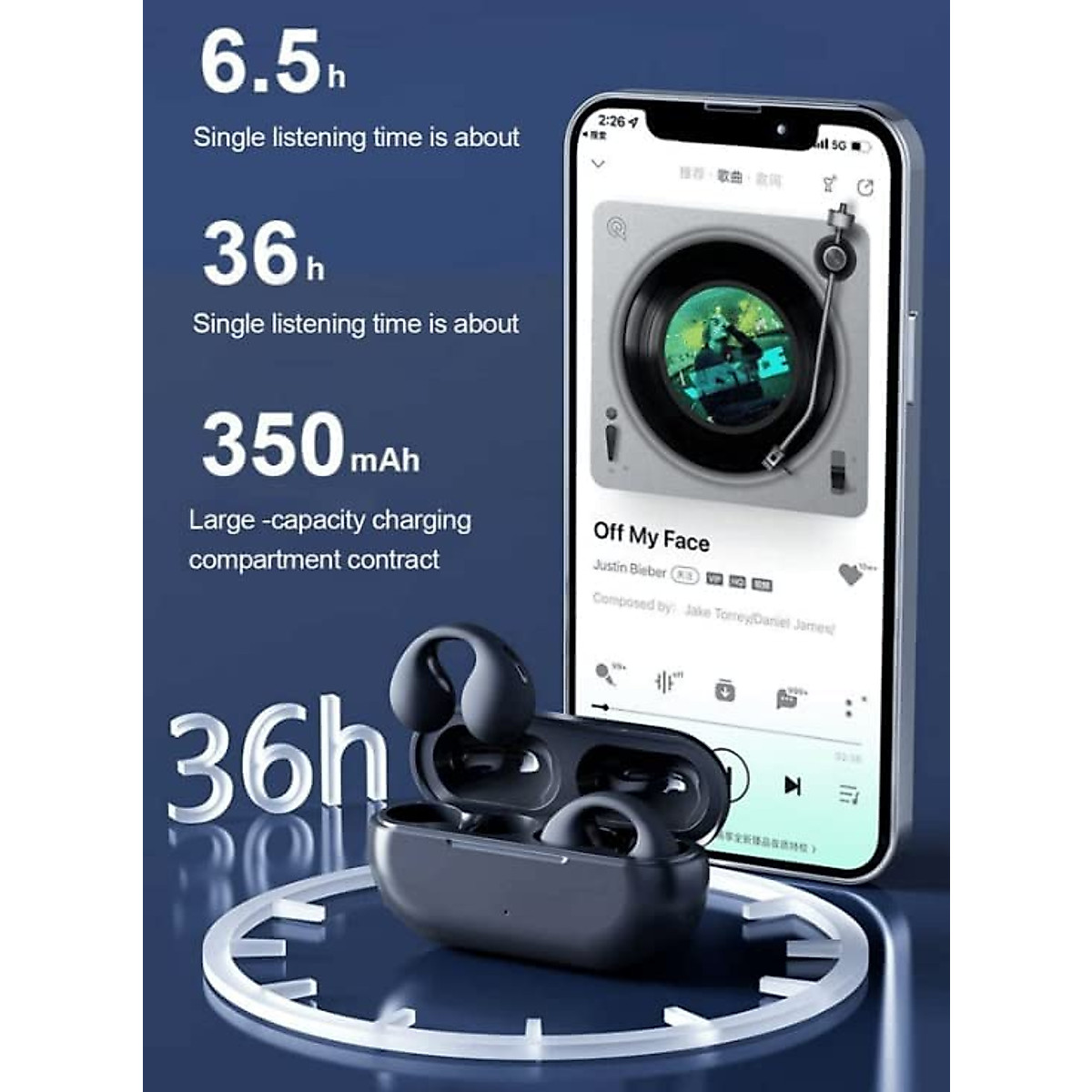 PANGEGE Wireless Ear Clip Bone Conduction Headphones - 2023 New Mini Bone Conduction Headphones, Open Ear Headphones Wireless Bluetooth for Running Sports Earring Earphone (Black)