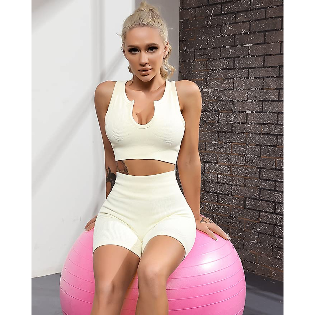 FAFOFA Yoga Outfit for Women Ribbed Seamless Crop Tank Tops High Waisted Shorts 2 Piece Workout Sets Beige S