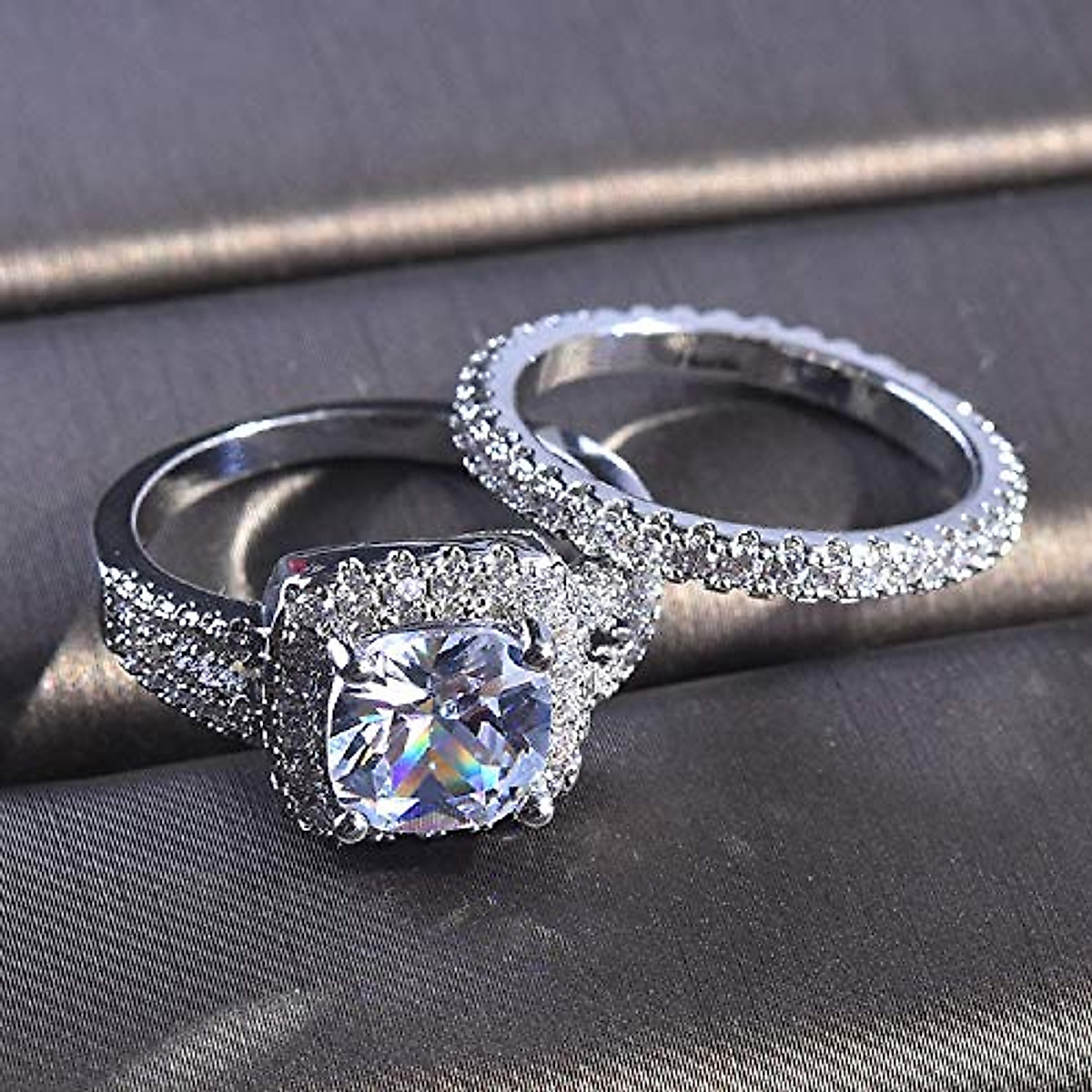 COSJOOHY 925 Sterling Silver Sparkling Full Diamond Ring Cocktail Rings Round Cut Cubic Zirconia Engagement Ring Set CZ Diamond Multi Row Eternity Engagement Wedding Ring Set Women's (6)