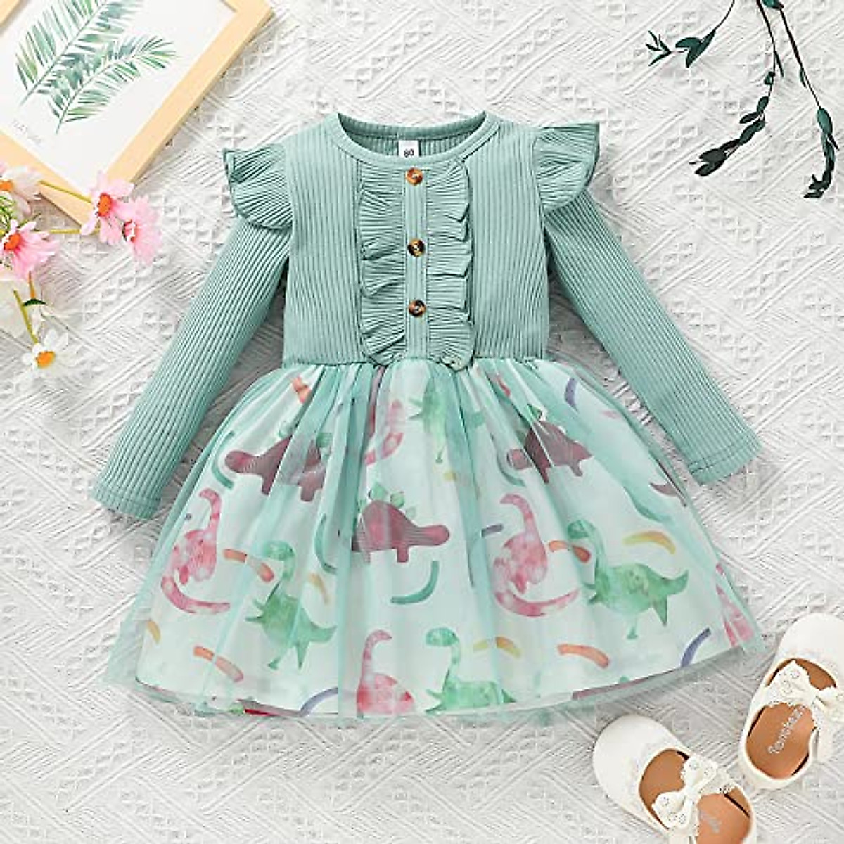 Baby Toddler Girls Fall Winter Long Sleeve Dress Floral Princess Casual Dress Kids Ribbed Tutu Skirt