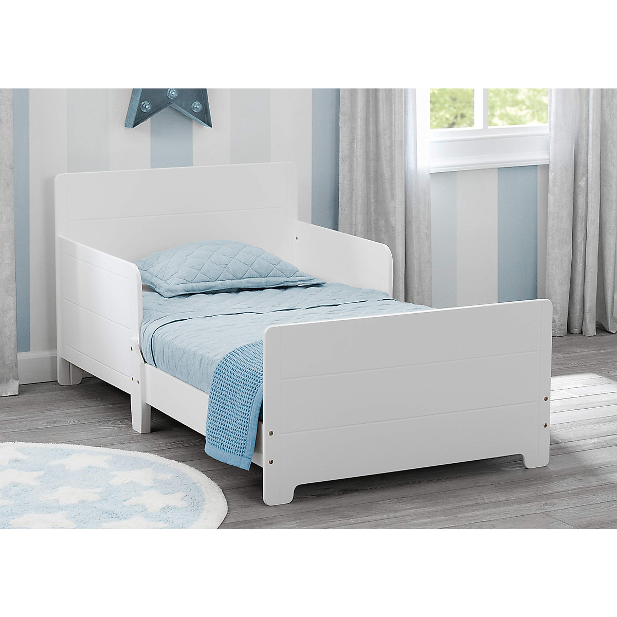 Delta Children MySize Toddler Bed, Bianca White, Dual Sided Recycled Fiber Core Mattress, 2 Attached Guardrails, 50 lbs Weight Capacity, 30 Inches Wide, 20 Inches Deep