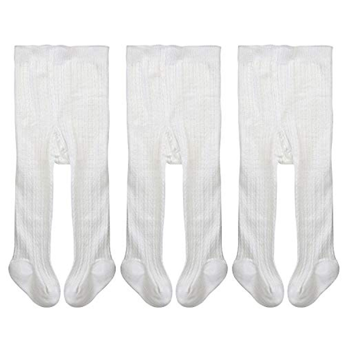 EPEIUS 3 Pairs Pack Newborn Girls Tights Baby Girls Boys Seamless Cable Knit Leggings Solid Cotton Tights Footed Pants for 0-3 Months,White