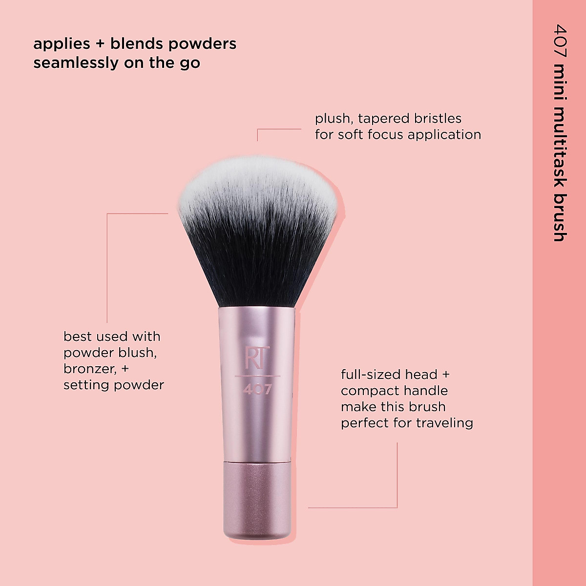 Real Techniques Mini Multitask Makeup Brush, For Blush, Bronzer & Powder, Face Brush with Custom-Cut Synthetic Bristles, For Loose & Pressed Powder, Travel Sized, Vegan & Cruelty-Free, 1 Count