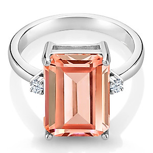 Gem Stone King 925 Sterling Silver Peach Nano Morganite and White Created Sapphire Ring For Women (6.38 Cttw, Emerald Cut 14x10MM, Gemstone October Birthstone, Available In Size 5, 6, 7, 8, 9)