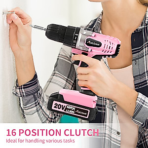 AVID POWER 20V MAX Lithium lon Cordless Drill Set, Power Drill Kit with Battery and Charger, 3/8-Inch Keyless Chuck, Variable Speed, 16 Position and 22pcs Drill Bits (Pink)