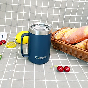 Congela stainless steel insulated coffee mug with 2 lids and big handle, tea cups with replacement lids, travel coffee mug tumbler for camping(18OZ Navy)