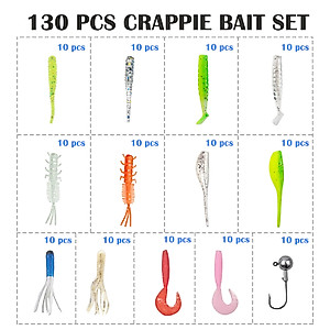 130pcs Crappie Lures kit, Crappie Bait Set with Jig Heads Hooks Soft Plastic Fishing Lures for Crappie Swim baits for Fishing Crappie Bass Walleye Trout Minnows Lures
