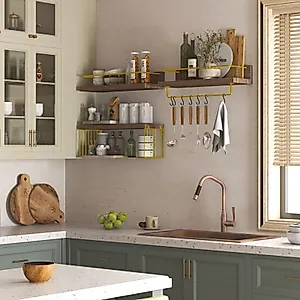 PopiShelves Bathroom Shelves Over Toilet for Wall, Floating Shelves with Storage Basket Paper Holer for Kitchen Living Room, Bedroom & Classroom, Set of 3 (Brown and Gold)