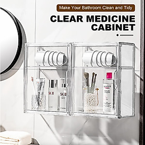 Medicine Cabinet Wall Mounted, Small Bathroom Wall Cabinet with Detachable Partitions and Waterproof Frame, Self Adhesive Farmhouse Storage Cabinet for Smooth Wall Surface and Countertop - Clear