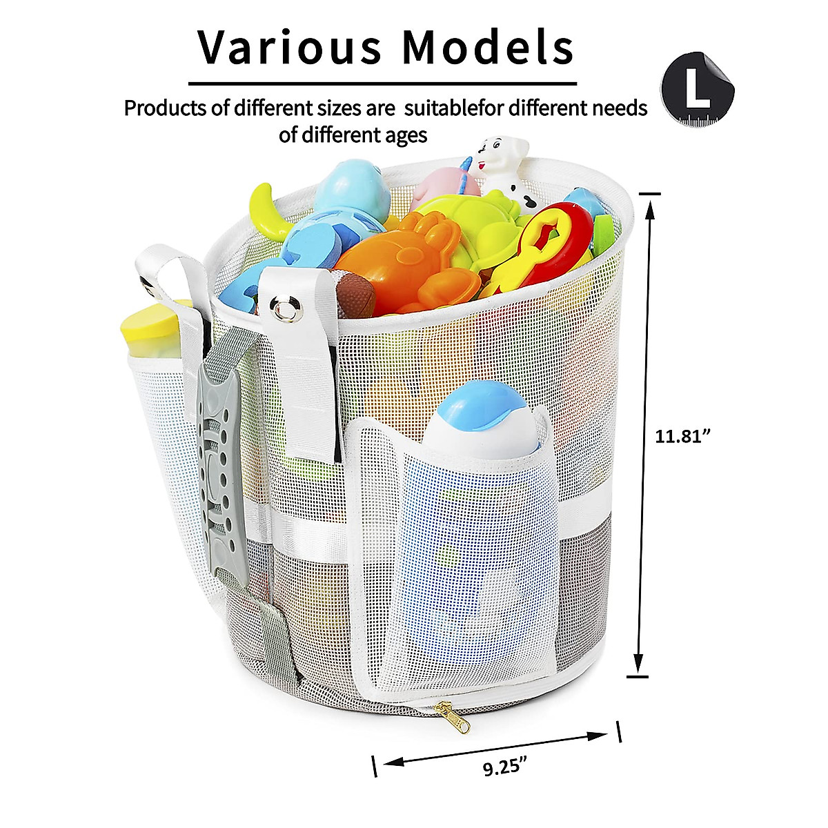 Quick Scoop Mesh Bath Toy Organizer for Tub with YKK Zipper，Multiple Ways to Hang, Ultra Large Capacity & Large Opening, Bathroom Toy Holder, Baby Bath Toys Storage Bag with 2 Side Pockets (White)