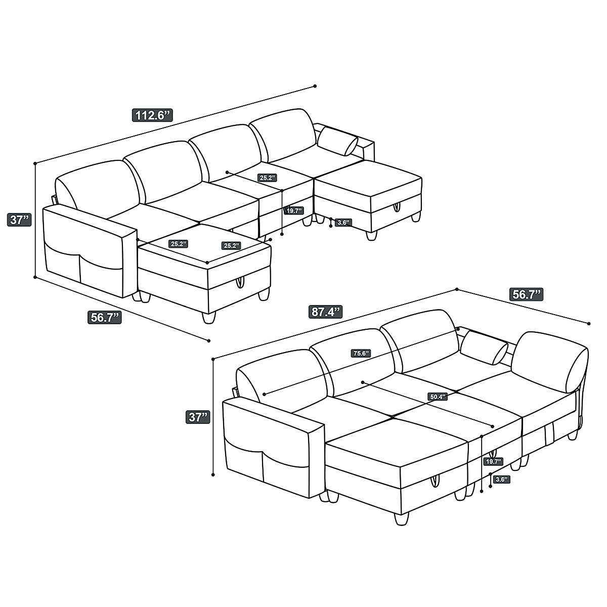 kevinplus 112.6" Modular Sectional Sofa Couch with Storage for Living Room, Modern Contemporary 4-Seat U-Shape Sofa Couch 2 Reversible Ottoman for Apartment, Corduroy Velvet, Navy Blue (2 Ottoman)