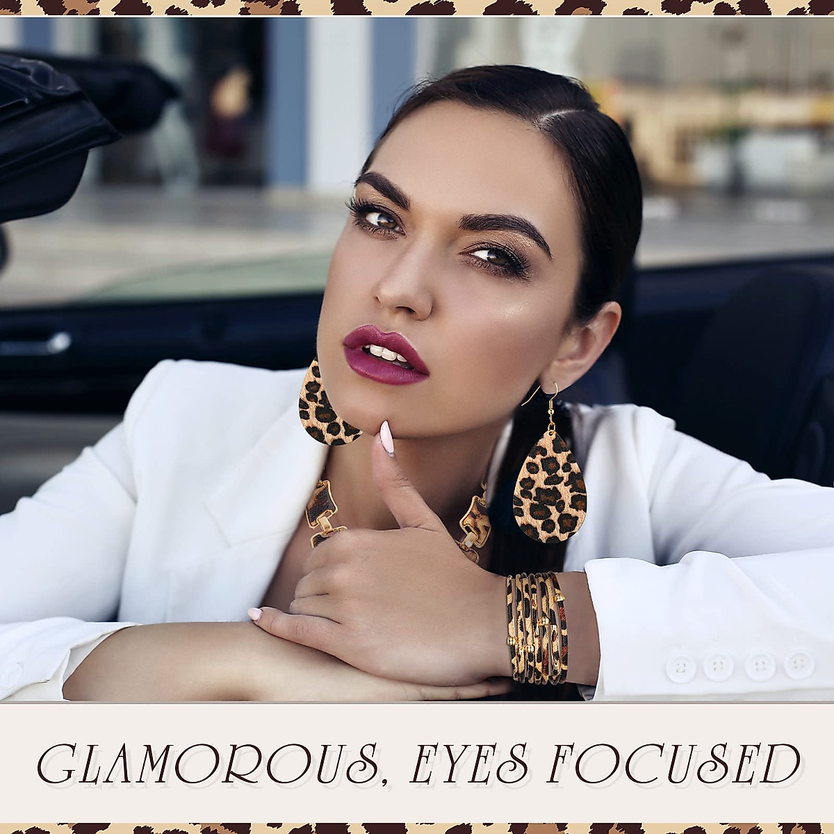 Junkin 3 Pieces Bohemia Leopard Jewelry Set Multilayer Leather Cuff Bracelet Leopard Print Earrings Leopard Print Necklace Collar Bib for Women