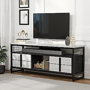 YITAHOME Modern TV Stand for TVs up to 65 Inch, Entertainment Center with Shelf, Wood TV Media Console with Sturdy Metal Legs for Living Room, 300lbs Capacity, White Oak/Black, 59.5"