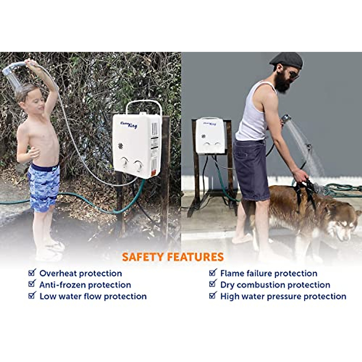Flame King YSNAZ132 Portable Tankless Water Heater Propane Gas 5L 1.32GPM at 34,000 BTU, Outdoor Instant Hot Water Shower for RV, Camping, Farm, Cabins
