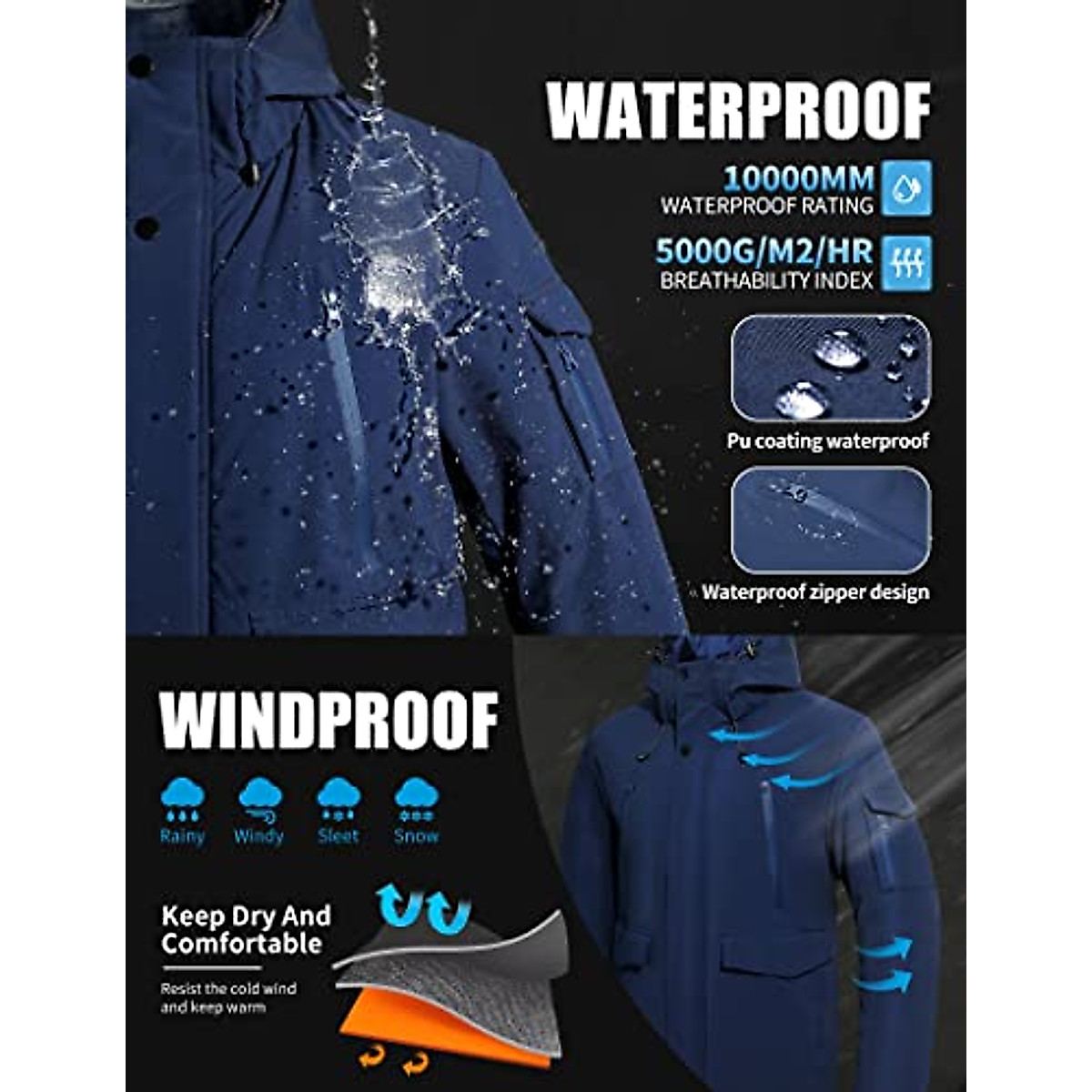 Pioneer Camp Men's Winter Coat Waterproof Fleece Lined Warm Winter Jacket with 9 Pockets Insulated Windproof Hooded Parka