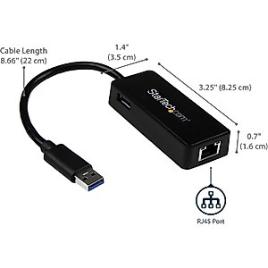 StarTech.com USB 3.0 Ethernet Adapter - USB 3.0 Network Adapter NIC with USB Port - USB to RJ45 - USB Passthrough (USB31000SPTB), Black, 0.7" x 1.4" x 5" x 5"