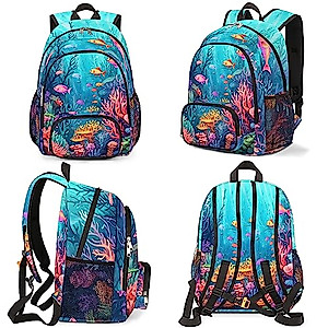 OMFUNS Tropical Fish School Backpack for Kids Boys Girls Women Men Ocean Sea Coral Bookbag for College Gym Travel School Bag Rucksack Casual Daypack Computer Laptop Backpack