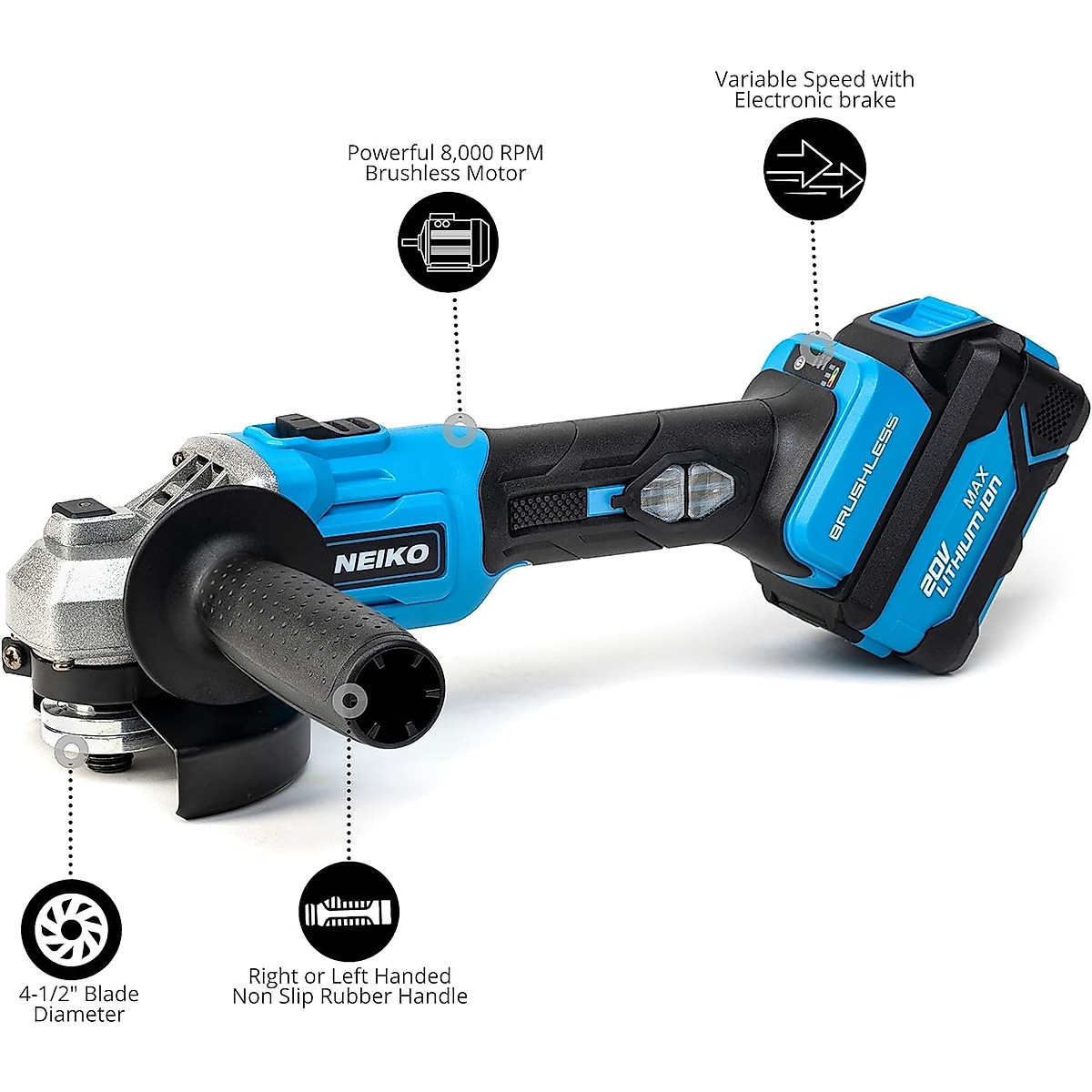 NEIKO 10881A Cordless Angle Grinder, 4 1/2-Inch Grinder with Variable Speed, 20V 4.0A Li-ion Rechargeable Battery, Powerful 8,000 rpm Brushless Motor, Grinders Power Tools, Cordless Grinder Tool