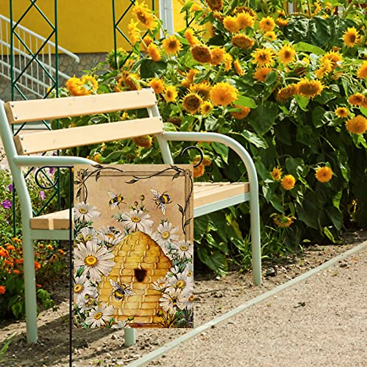 Furiaz Daisy Bee Spring Summer Garden Flag, House Yard Lawn Decorative Small Flag Honeycomb Flower Home Outside Decoration Sign, Floral Hive Farmhouse Burlap Outdoor Welcome Decor Double Sided 12x18