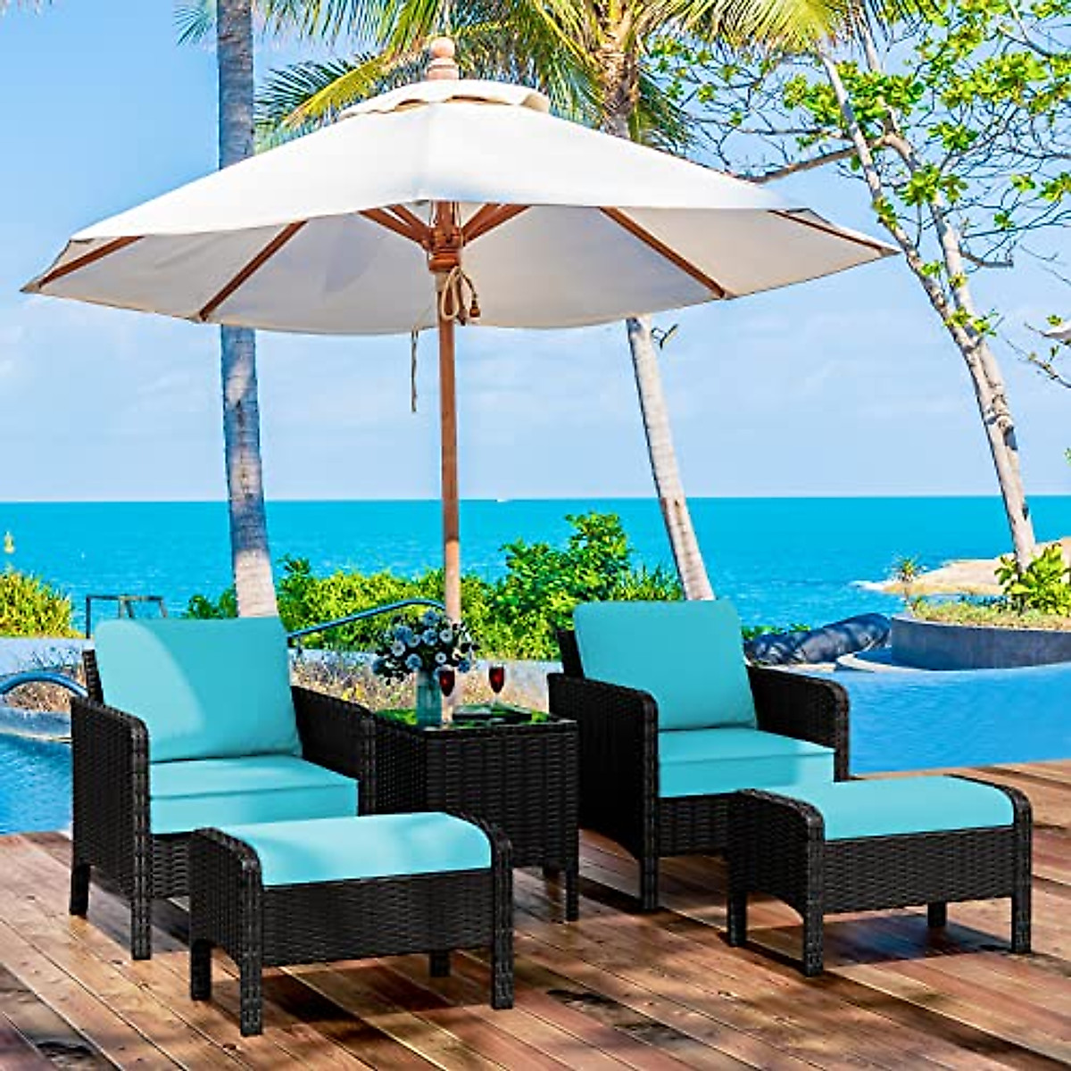 Increkid 5 Pieces Wicker Patio Furniture Set, Outdoor Rattan Conversation Chair Set w/Ottomans, Coffee Table, Cushions, Poolside Sectional Cushioned Sofa Set for Porch, Balcony, Lawn, Yard, Garden