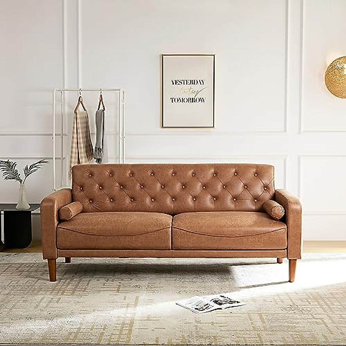Lunanniu 78 Inch Vegan Leather Sofa Faux Leather Couches Loveseat Button Tufted Back Mid Century Modern 2 Bolster Pillows Solid Wood Frame and Legs 2 Seat Love Seat for Living Room Brown