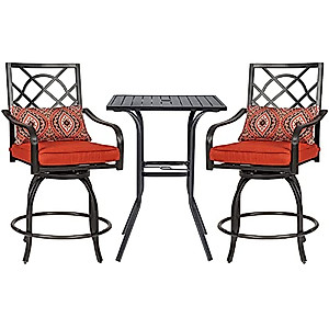 Omelaza 3 Pcs Patio Swivel Bar Stools Set, Outdoor Bar Height Bistro Chairs Set with 2 Cushioned Chairs & 1 Square Bistro Table, Backyard, Lawn, Garden, Black