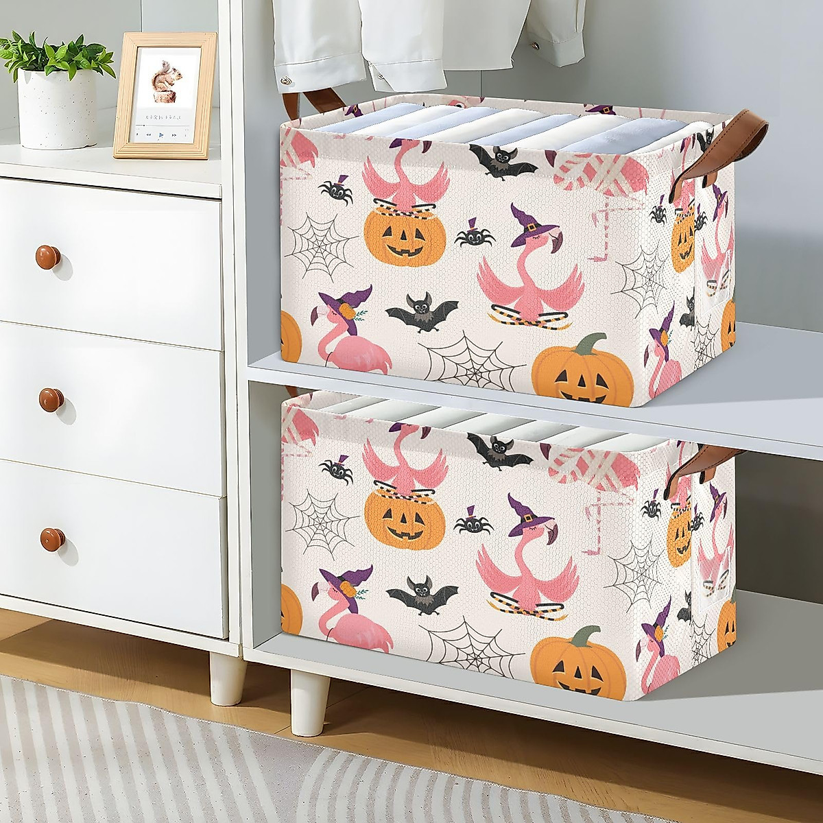 DIGTIA Halloween Flamingo Pumpkin Storage Bins Witch Spider Bat Collapsible Storage Basket with Handles Storage Box Organizer for Clothes Shelves Closet Cabinet Home Office, 1PC