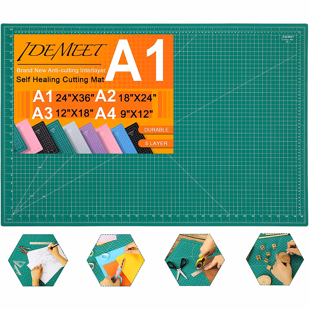 Density-upgraded 24" x 36" Large Self Healing Sewing Mat, Idemeet Rotary Cutting Mat 5 Play Cut Board for Crafts Hobby Project, Scale Size 24" x 36", A1, Green