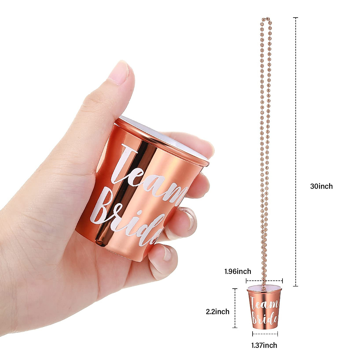 Maitys 12 Pieces Bride Plastic Beaded Bridal Shot Glass Necklace Gold Foil for Bachelorette Party Bridal Party Necklaces (White, Rose Gold)