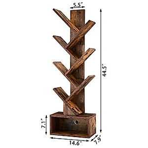 Hoctieon 6 Tier Tree Bookshelf, 6 Shelf Bookcase with Drawer, Modern Book Storage, Free Standing Tree Bookcase, Utility Organizer Shelves for Home Office, Living Room, Bedroom, Rustic Brown
