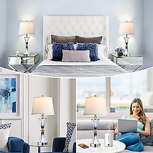 Set of 2 Blue Glass Table Lamps for Bedrooms with 2 USB ports 3-Way Dimmable Touch Coastal Bedside Lamps for Contemporary Style Modern Nightstand Lamps with 2 LED Bulbs for Home Lighting Decoration
