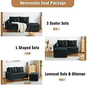 LEVNARY Sectional Sofa Chaise, Small L-Shaped Loveseat Couch with Storage Ottoman, Comfy Upholstered Sleeper Sofas Velvet Chaise Lounge Indoor for Living Room Home (Black)