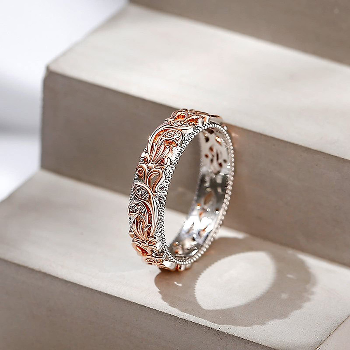 Jeulia Floral Ring Band Sterling Silver Two Tone Leaf Carved Vintage Unique Hollow Flower Rose Gold Jewelry Engagement Wedding Bridal Sets Stackable Anniversary Promise with Gift Box (Floral, 7)