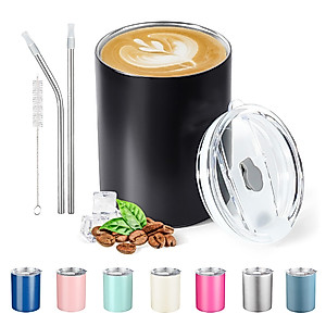 Puraville 12 oz Insulated Tumbler with Lid and Straw, Stainless Steel Double Walled Coffee Cup with Lid, Vacuum Reusable Leak Proof Travel Coffee Mug for Multiple Occasions, Black