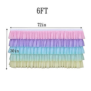 GewoneLife Rainbow Tulle Table Skirt 6FT Tutu Table Clothing for Baby Shower Birthday Party Decoration,Unicorn Table Skirt for Rectangle and Round Tables(L72in,H30in)