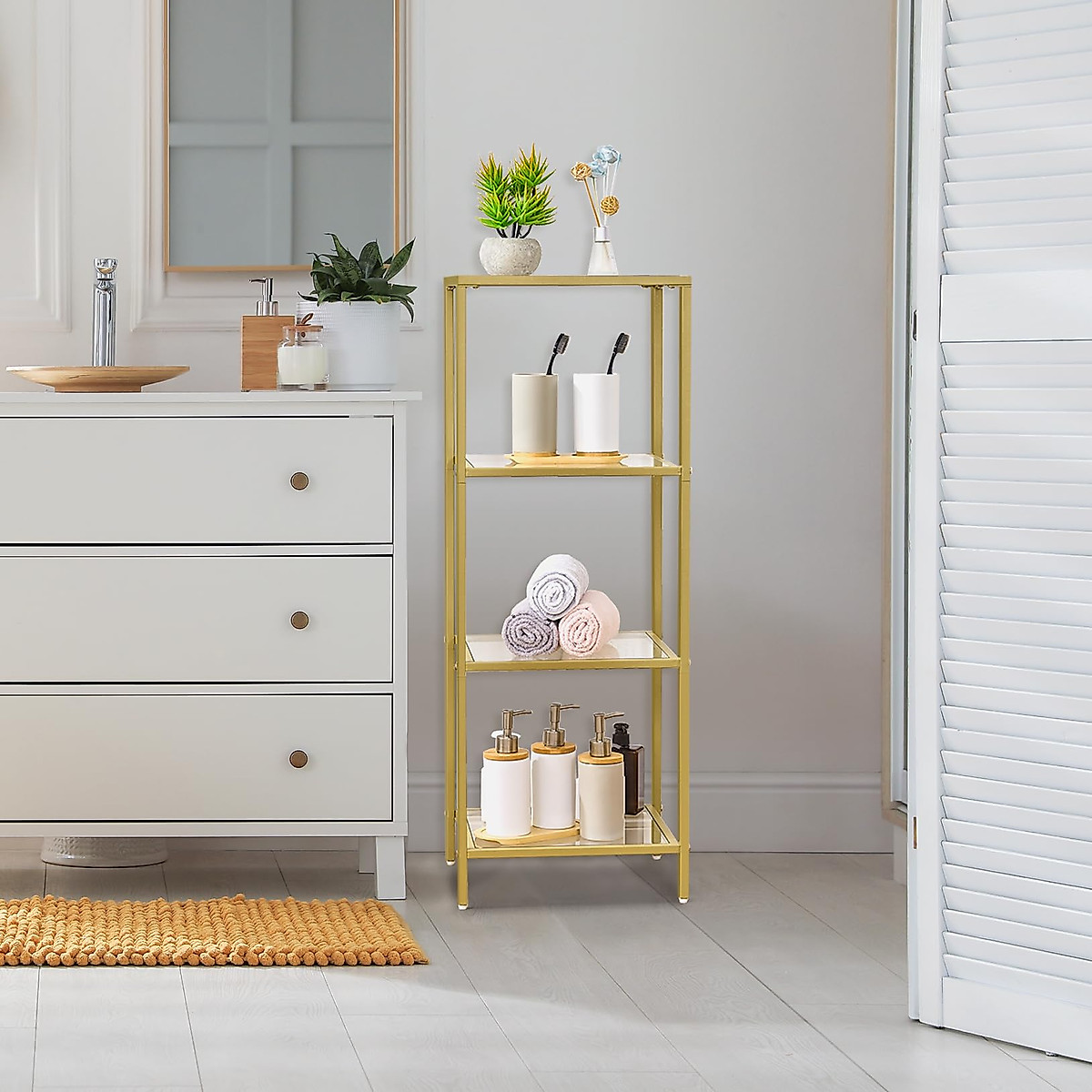 Homhedy 4-Tier Bookshelf,Metal Bookcase,Tempered Glass Shelves,Storage Rack Shelf for Home Office,Living Room,Bedroom, Bathroom,Modern Style,Golden