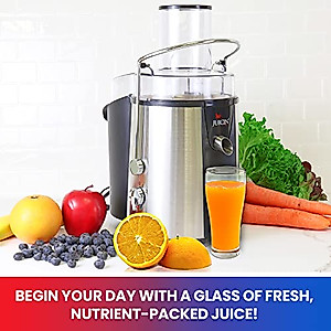 Total Chef Juicin' Juicer Wide Mouth Centrifugal Juice Extractor, 3" Wide Feed Chute, 700W, 2 Speeds, Surgical Steel Blade, Easy to Clean, Juicing Machine for Fruits, Vegetables, Greens, Almond Milk