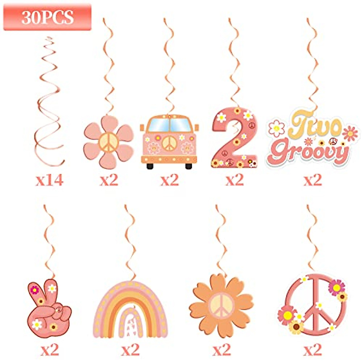 30 Pcs Two Groovy Party Hanging Swirls Decorations, Groovy Birthday Theme Ceiling Foil Swirls Party Supplies for 2 Year Old Girl Retro Hippie Boho Party Decor
