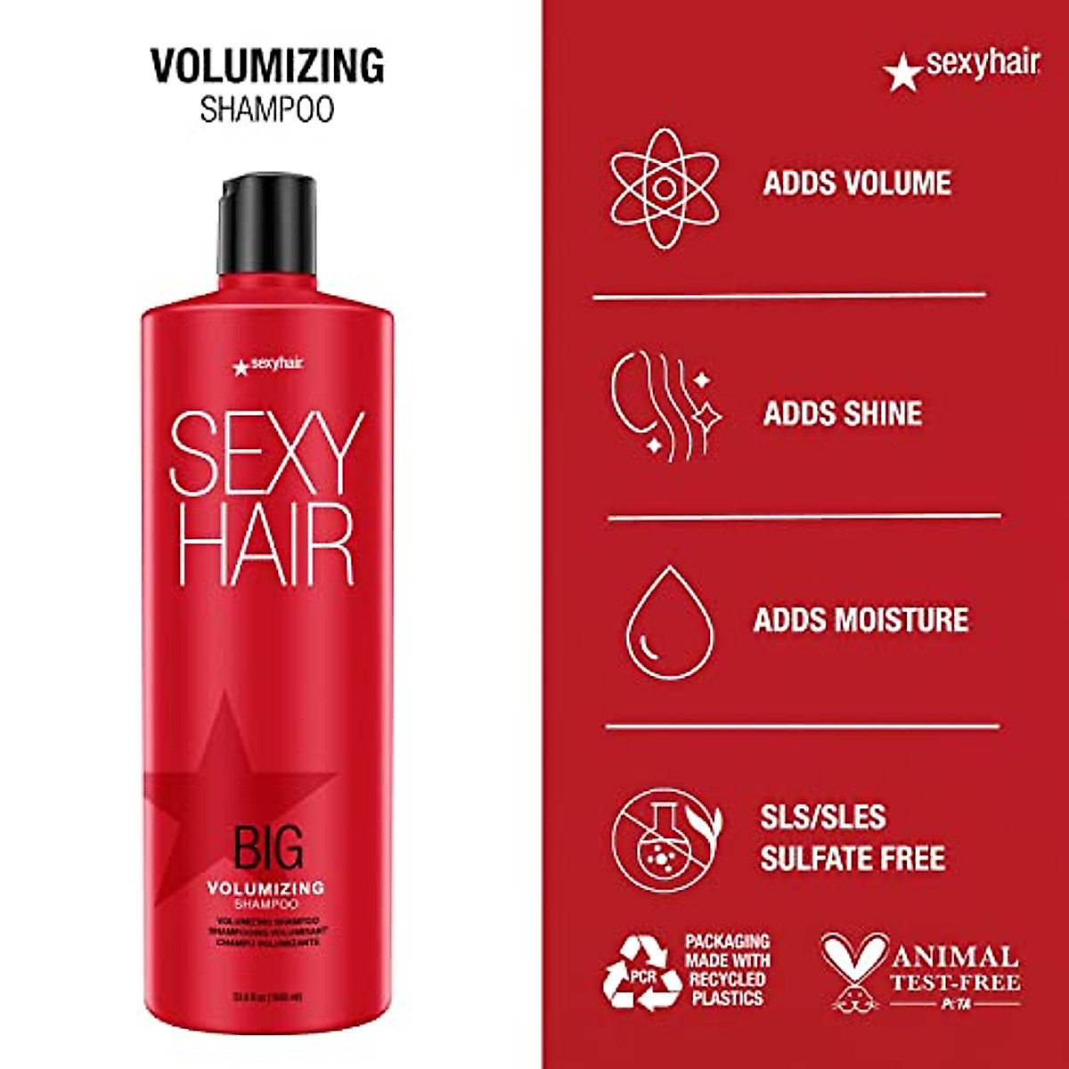 SexyHair Big Volumizing Shampoo, 33.8 Oz | Provides Moisture and Hydration | SLS & SLES Sulfate Free | All Hair Types