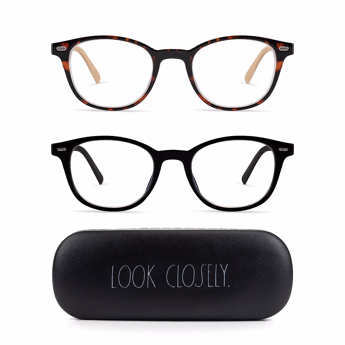 Rae Dunn "ELIZA Blue Light Blocking Reading Glasses - 2 Pack w/LOOK CLOSELY Signature Font Hard Case (Glossy Standard Tortoise/Glossy Jet Black, +0.0)