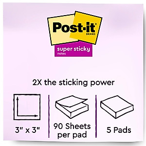 Post-it Super Sticky Recycled Notes, 3 x 3 in, 5 Pads, 2x the Sticking Power, Wanderlust Collection, Pastel Colors, 30% Recycled Paper (654-5SSNRP)