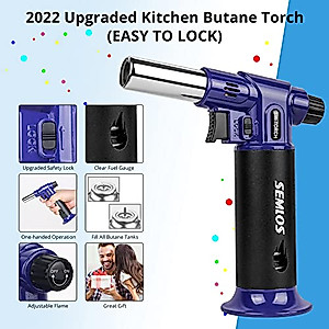 Semlos Kitchen Torch S-SW with Fuel Gauge, Refillable Butane Torch Lighter, One-handed Operation Blow Torch with Upgraded Safety Lock, Fit All Butane Tanks for Creme Brûlée, BBQ