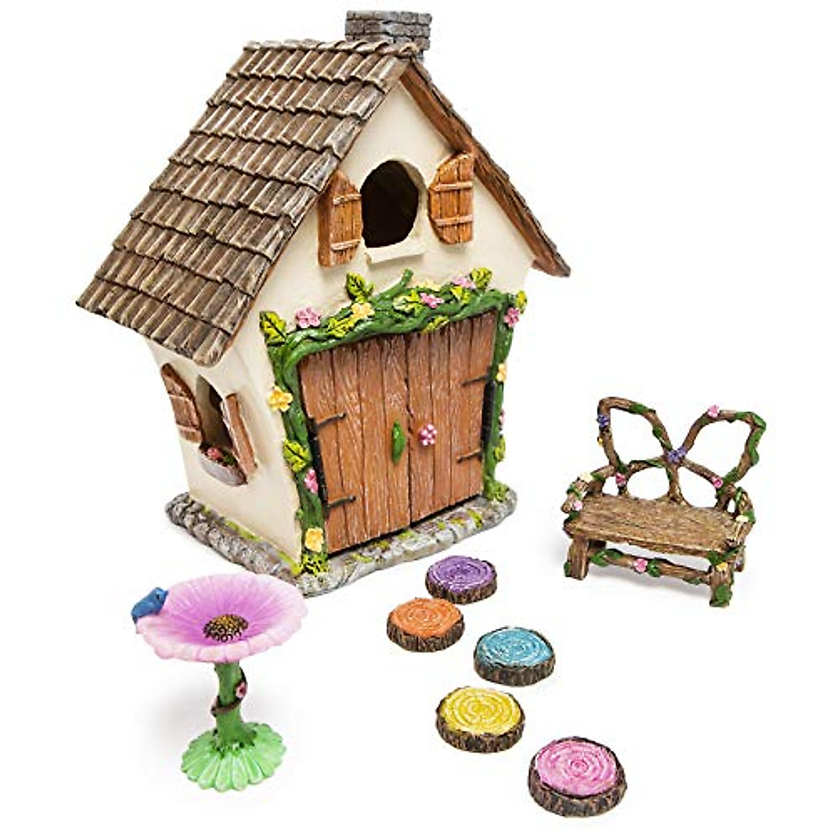 Meadow & Oak Fairy House Kit, Outdoor Fairy Garden Kit for Kids & Adults, Fairy Garden House with Doors That Open & Fairy Garden Accessories, Magical Fairy Garden Set Includes Adorable Accessories