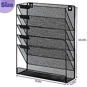 HMXLJJY 6 Tier Mesh Wall File Organizer,Vertical File Organizer,Hanging Folder Organizer Wall Mount with Flat Tray,Mail Organizer for Papers,Folders,Files Clipboard & Magazine Organization for Office,Home(Black)