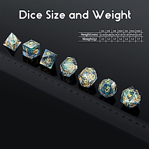 Dungeons and Dragons Dice Set,DNDND Handmade Sharp Edge 7 Die with Gift Dice Case for DND Dungeons and Dragon Game (Dark Cyan with Gold Number)