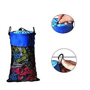 XQBAG Mesh Clothespin Bag, Large-Capacity Clothespin Storage Organizer with Hooks, Multi-Purposes Storage Mesh Bag Drawstring Closure Bag (Blue)