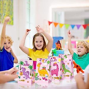 24 Pieces Dinosaur Party Bags Dino Candy Favor Bags with Stickers Pink Goodie Treat Gift Bags for Kids Girls Dinosaur Birthday Party Supplies Decorations