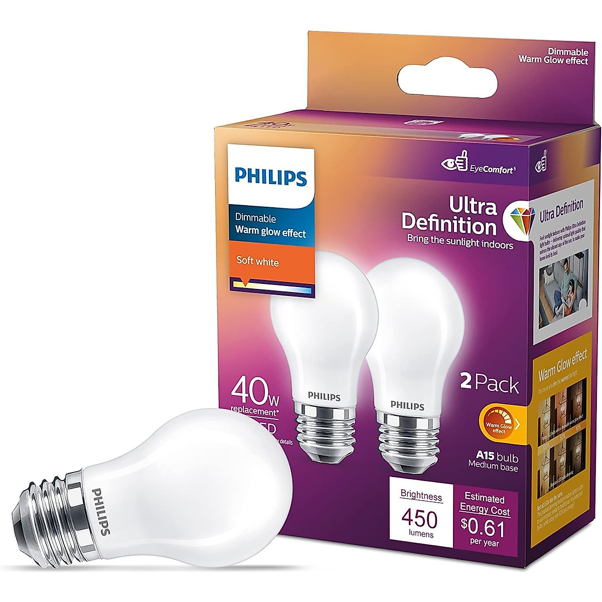 PHILIPS LED Ultra Definition Flicker-Free Dimmable Eye Comfort Technology, Soft White 2700K A15 Frosted Glass Light Bulb, 750Lumen, 5W=60W, E26 Base, 8-Pack (581199)