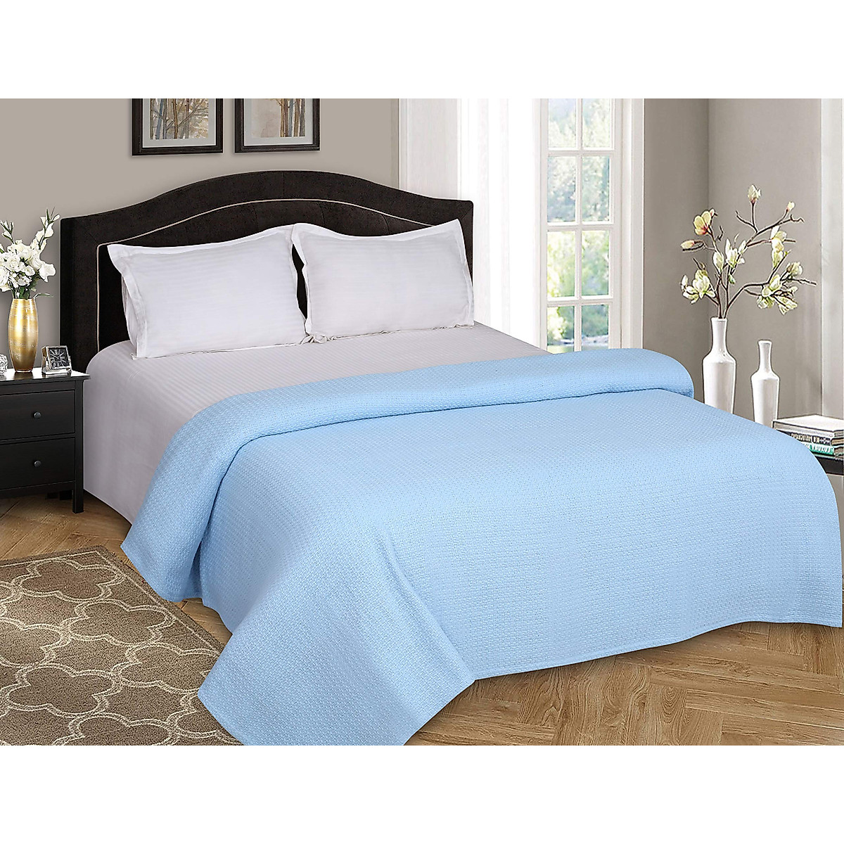 Elvana Home 100% Cotton Bed Blanket, Breathable Bed Blanket Twin Size, Cotton Thermal Blankets Twin, Perfect for Layering Any Bed for All Season, Light Blue