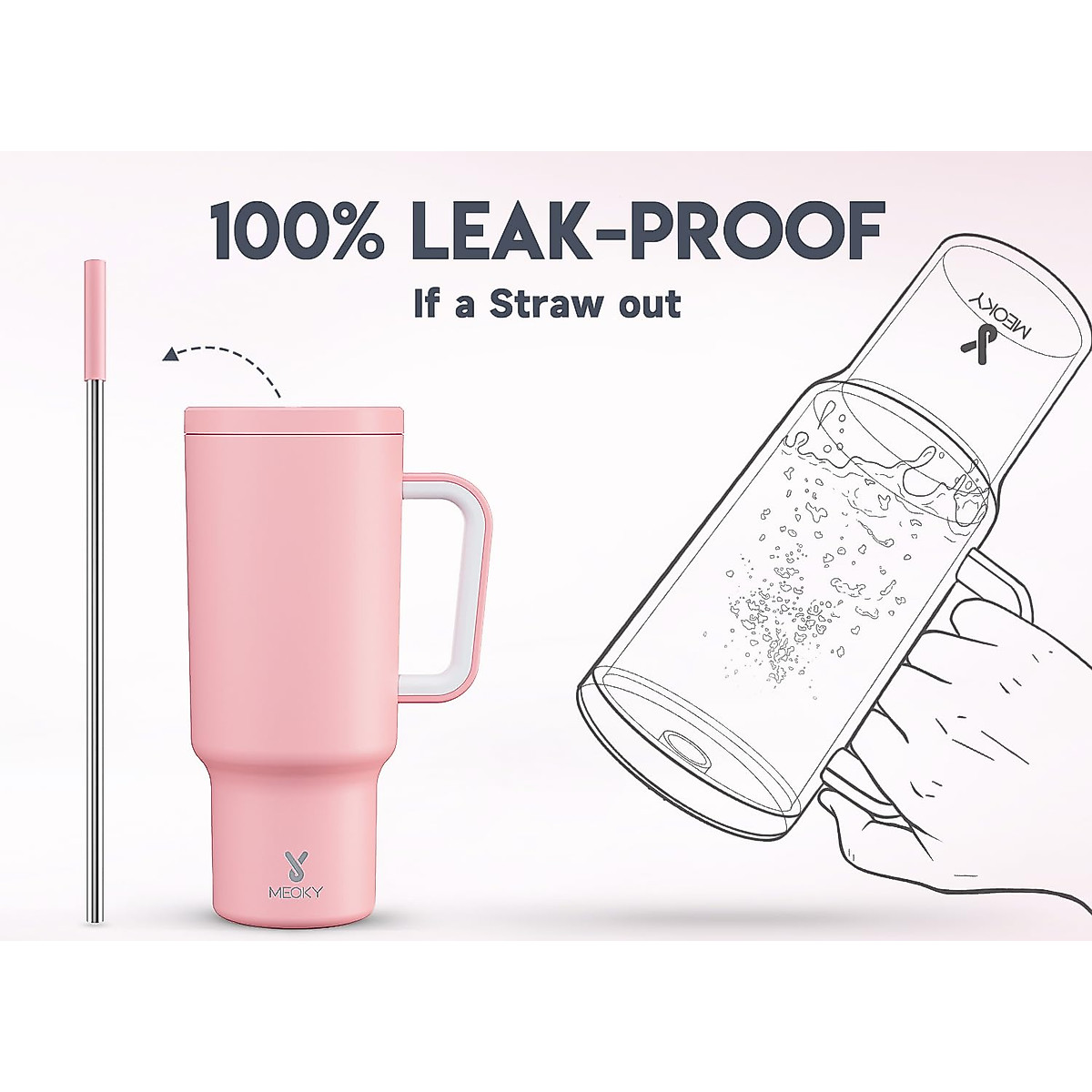 Meoky 40 oz Tumbler with Handle and Straw, Tumbler with Lid and Straw, Insulated Stainless Steel Travel Mug, 100% Leak-proof, Keeps Cold for 34 Hours or Hot for 10 Hours (Blush)